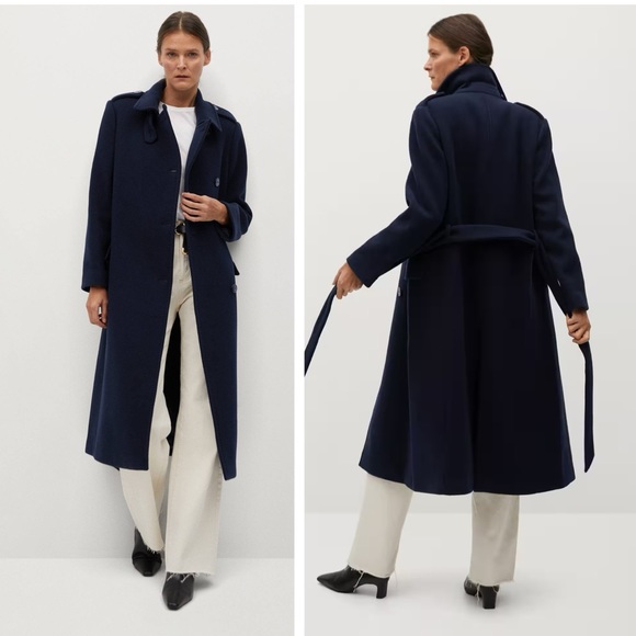 Mango | Jackets & Coats | Nwt Mango Long Wool Coat Belted Navy | Poshmark